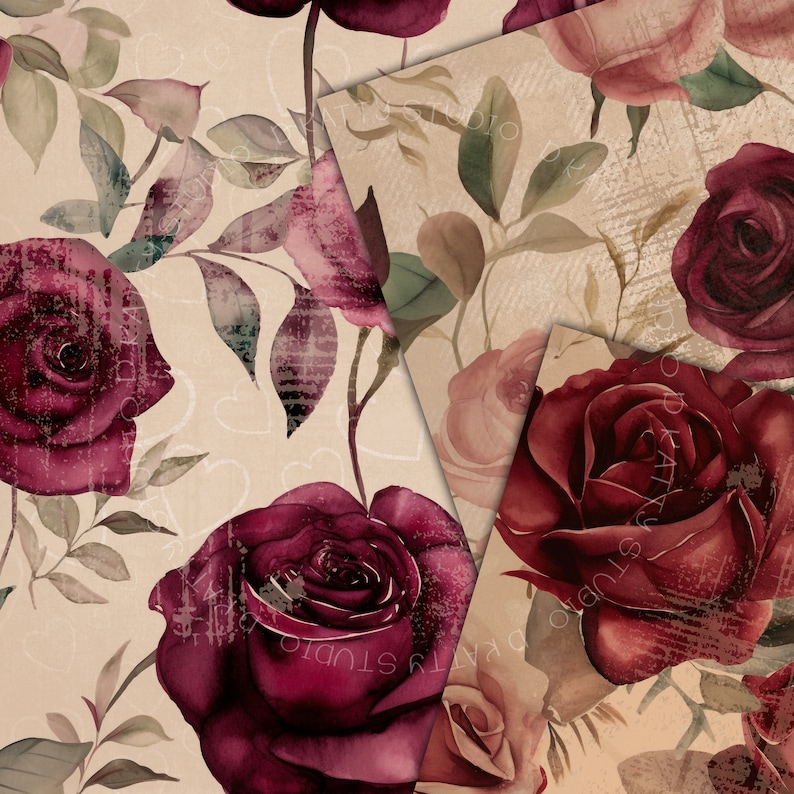 Burgundy Floral Digital Paper Retro Seamless Background Watercolor ...