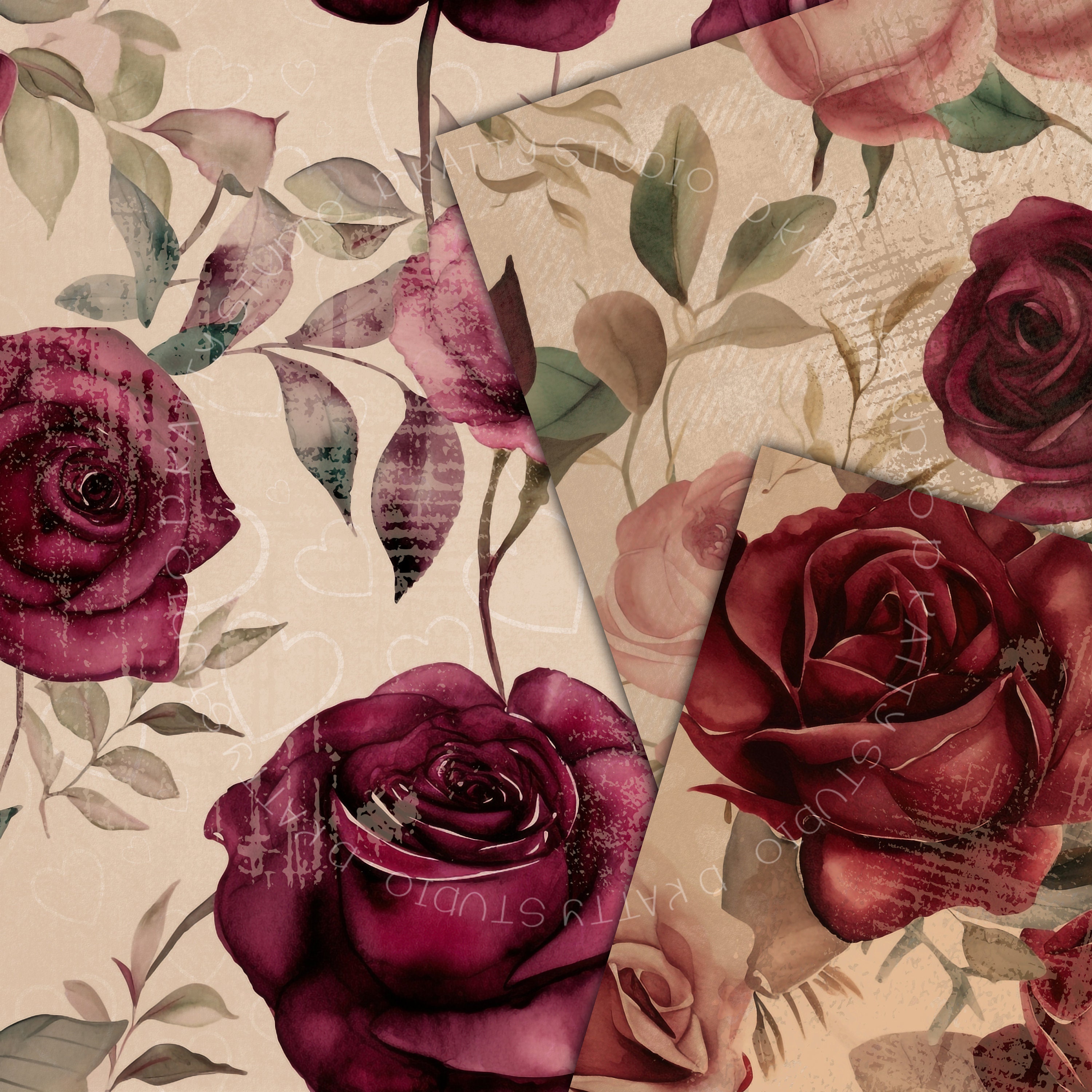 Burgundy Floral Digital Paper Retro Seamless Background Watercolor ...