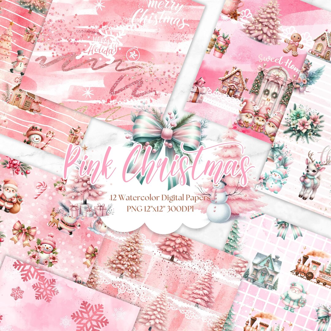Pink Christmas Digital Paper Pack Watercolor Seamless Christmas ...