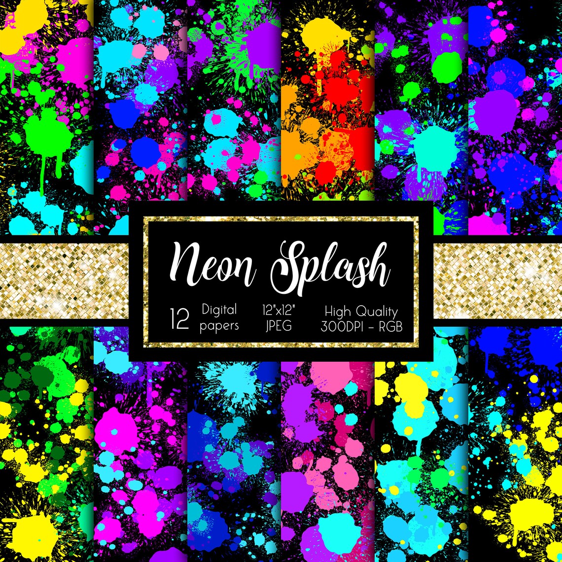 Neon Splash Colors Digital Paper Pack, Bright Colors Scrapbook Paper ...