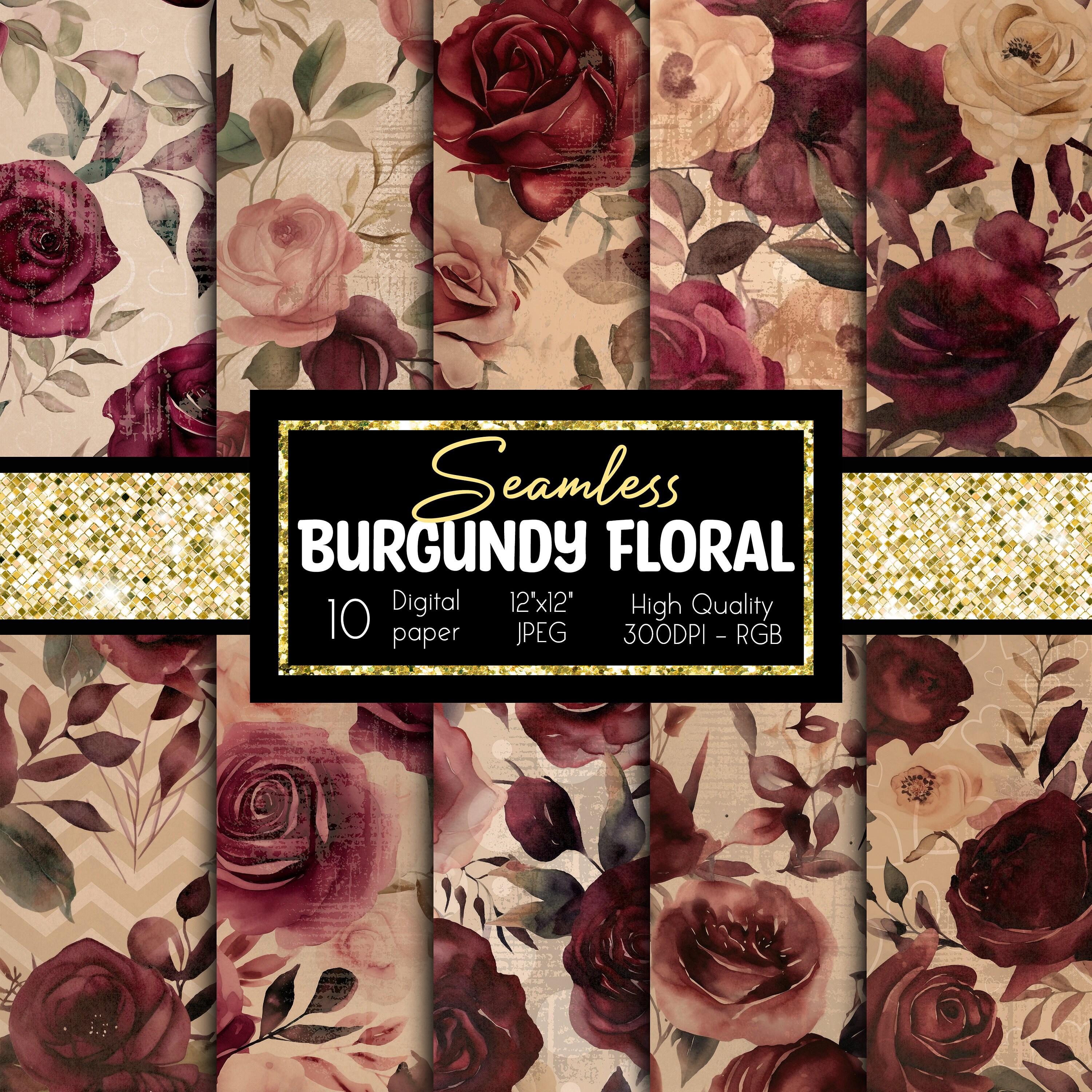Burgundy Floral Digital Paper Retro Seamless Background Watercolor ...