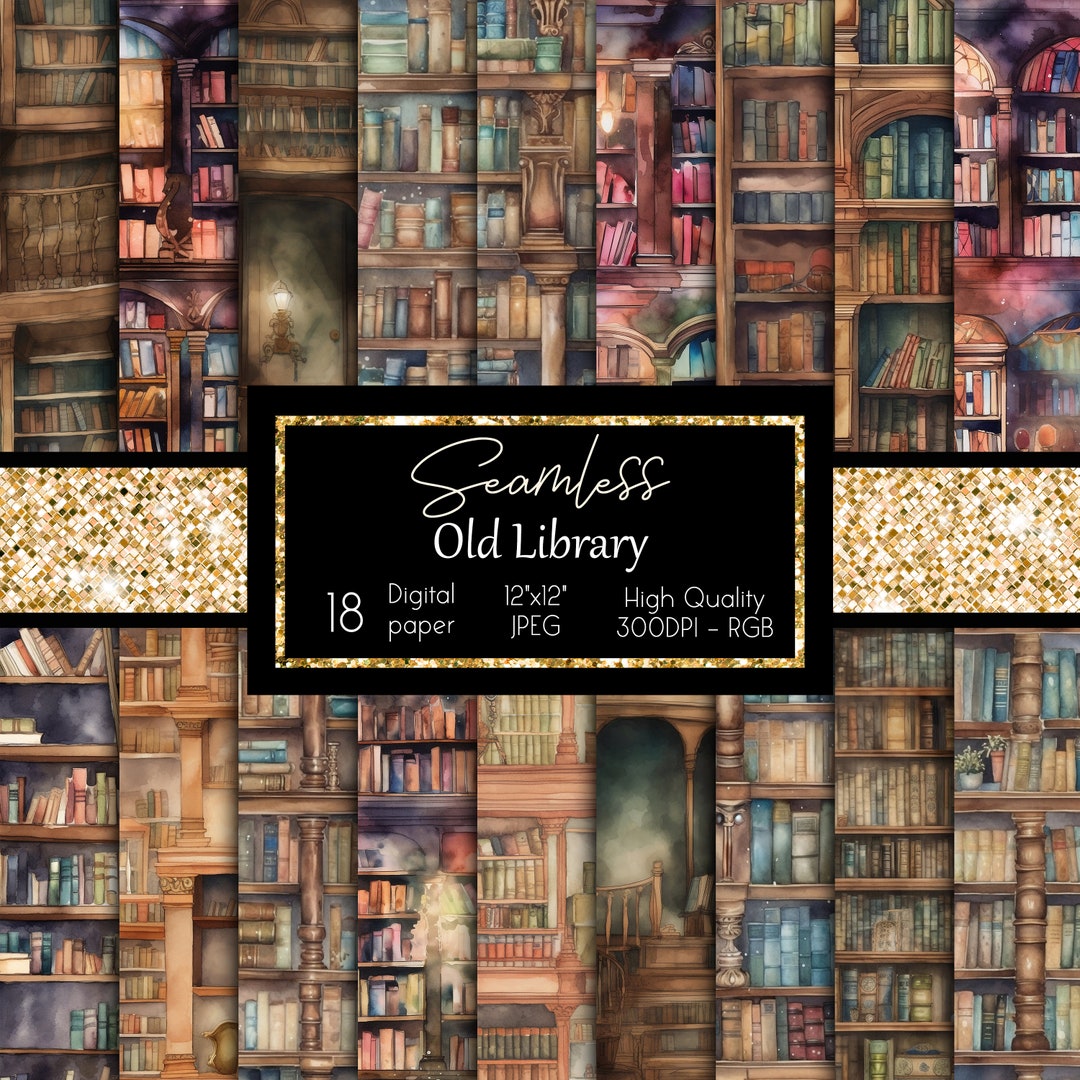 Watercolor Old Library Books Digital Paper Seamless Library Backgrounds ...