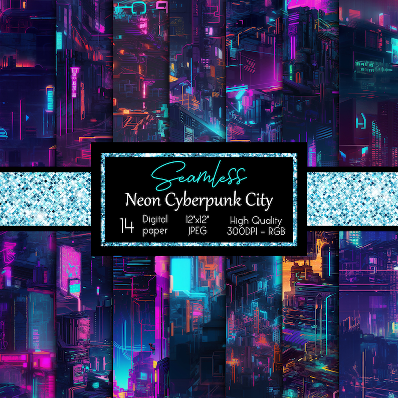 Neon City Background Colorful Cyberpunk City Seamless Backdrop Overlays ...