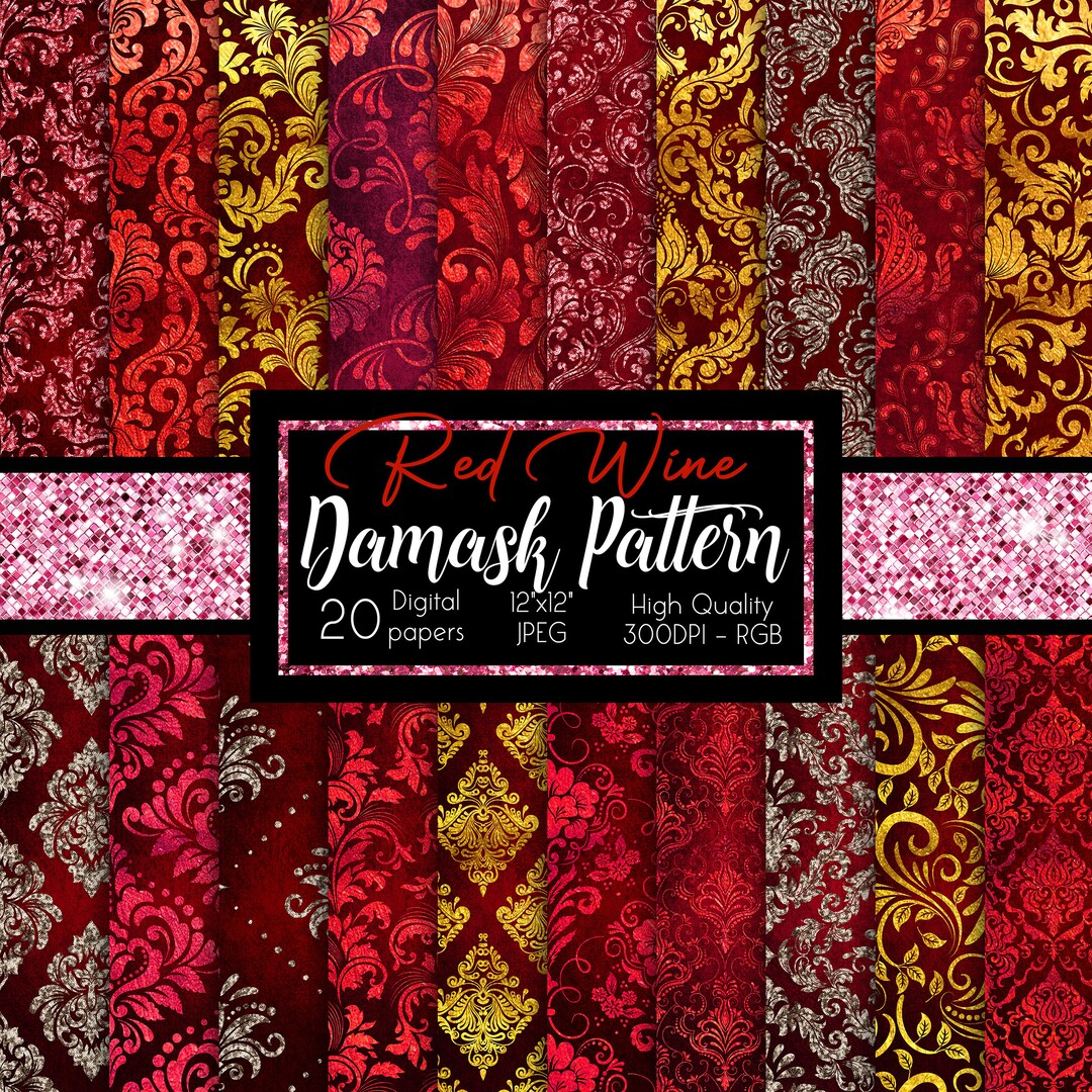Red and Gold Damask Digital Paper, Seamless Damask Glitter Foil Grunge ...
