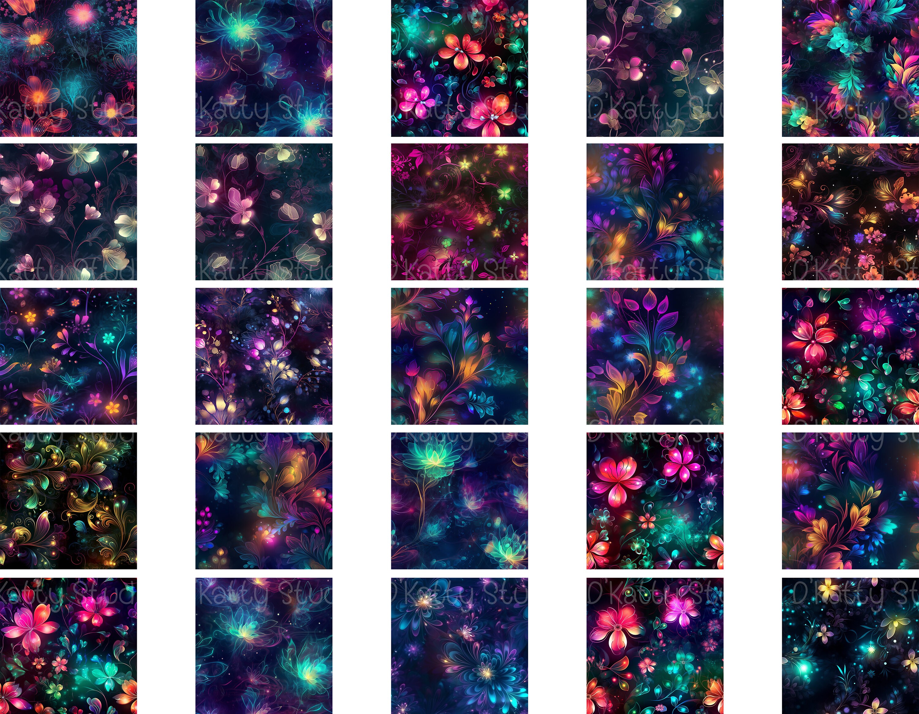 Magical Neon Floral Digital Paper Pack Bright Colors Scrapbook Paper ...