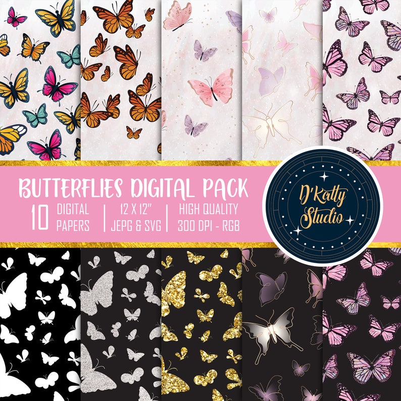 10 Butterlies Digital Paper, Scrapbooking Digital Papers, Colorful ...