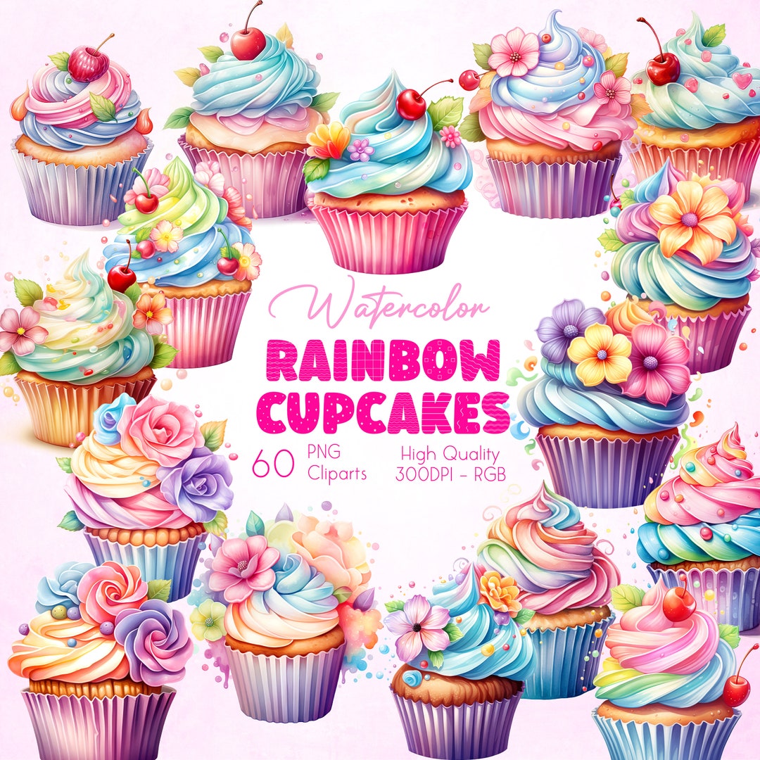 Cupcake Clipart Transparent Background Watercolor Cupcake Rainbow Color ...