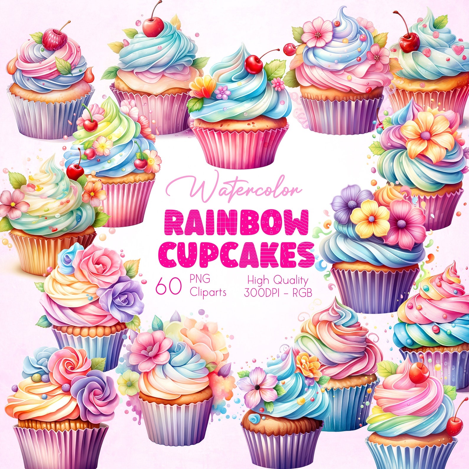 Cupcake Clipart Transparent Background Watercolor Cupcake Rainbow Color ...