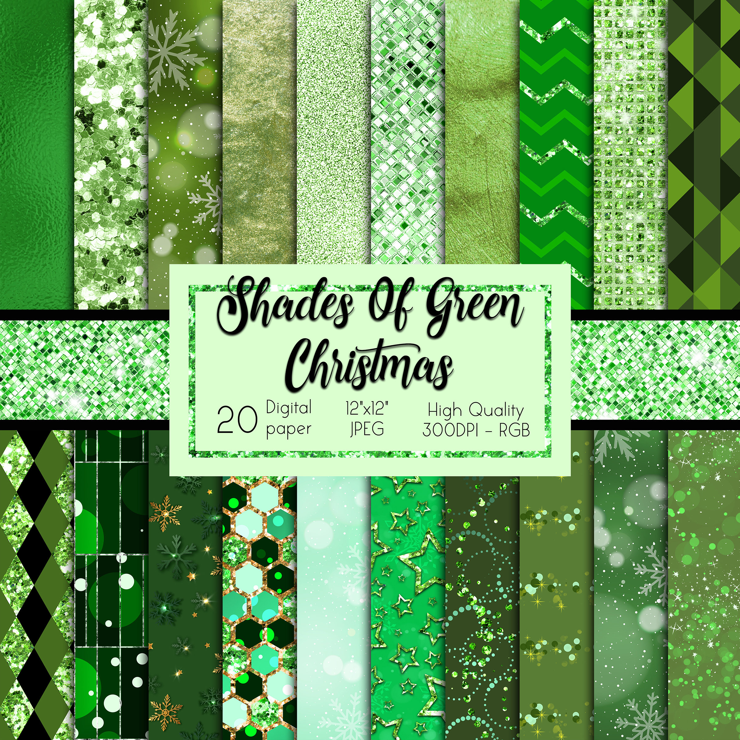 Shades of Green, Christmas Digital Paper Pack, Glitter Christmas ...