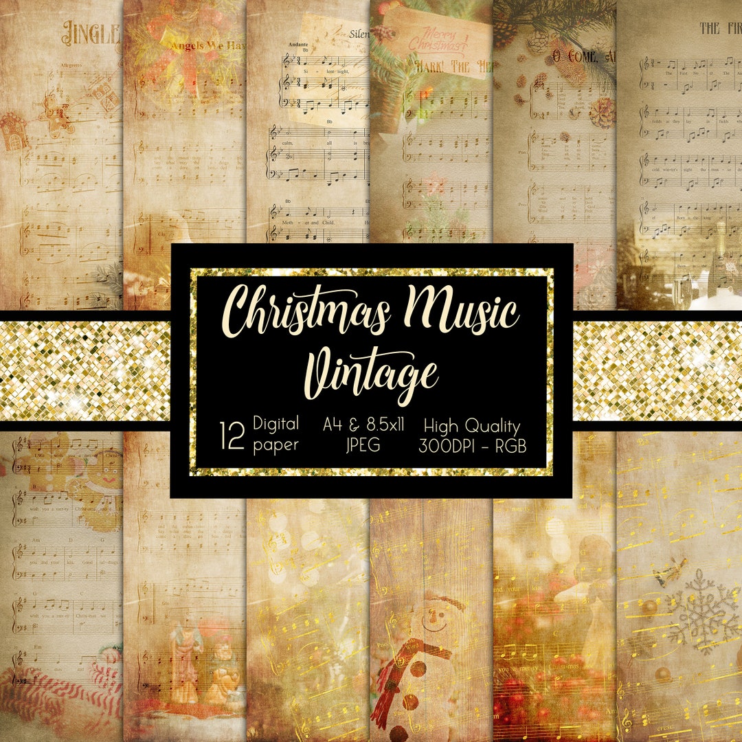 Vintage Christmas Music Digital Paper Silent Night Musical Notes Jingle ...