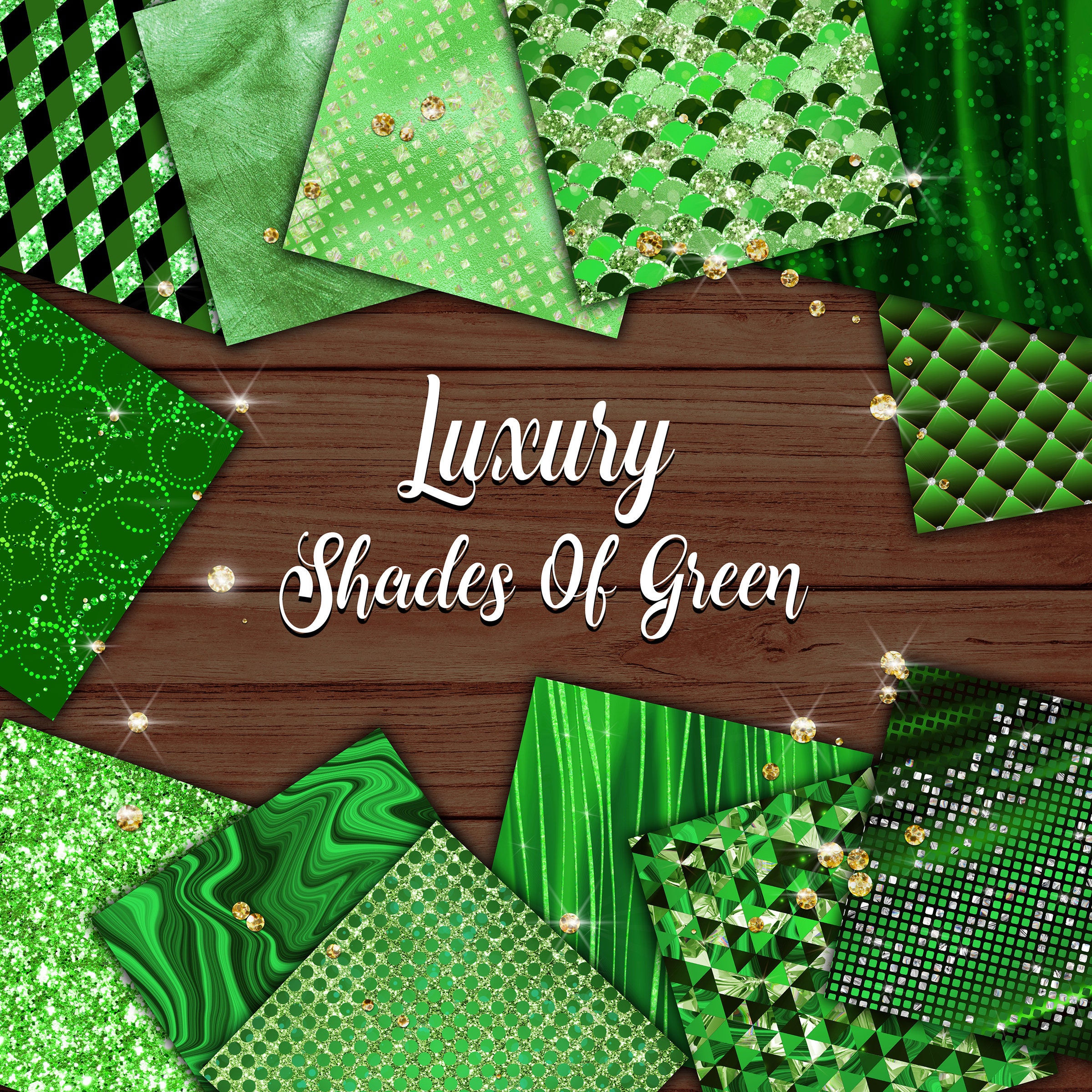 Shades of Green Luxury Digital Paper, Foil Sparkle Scrapbook Paper ...