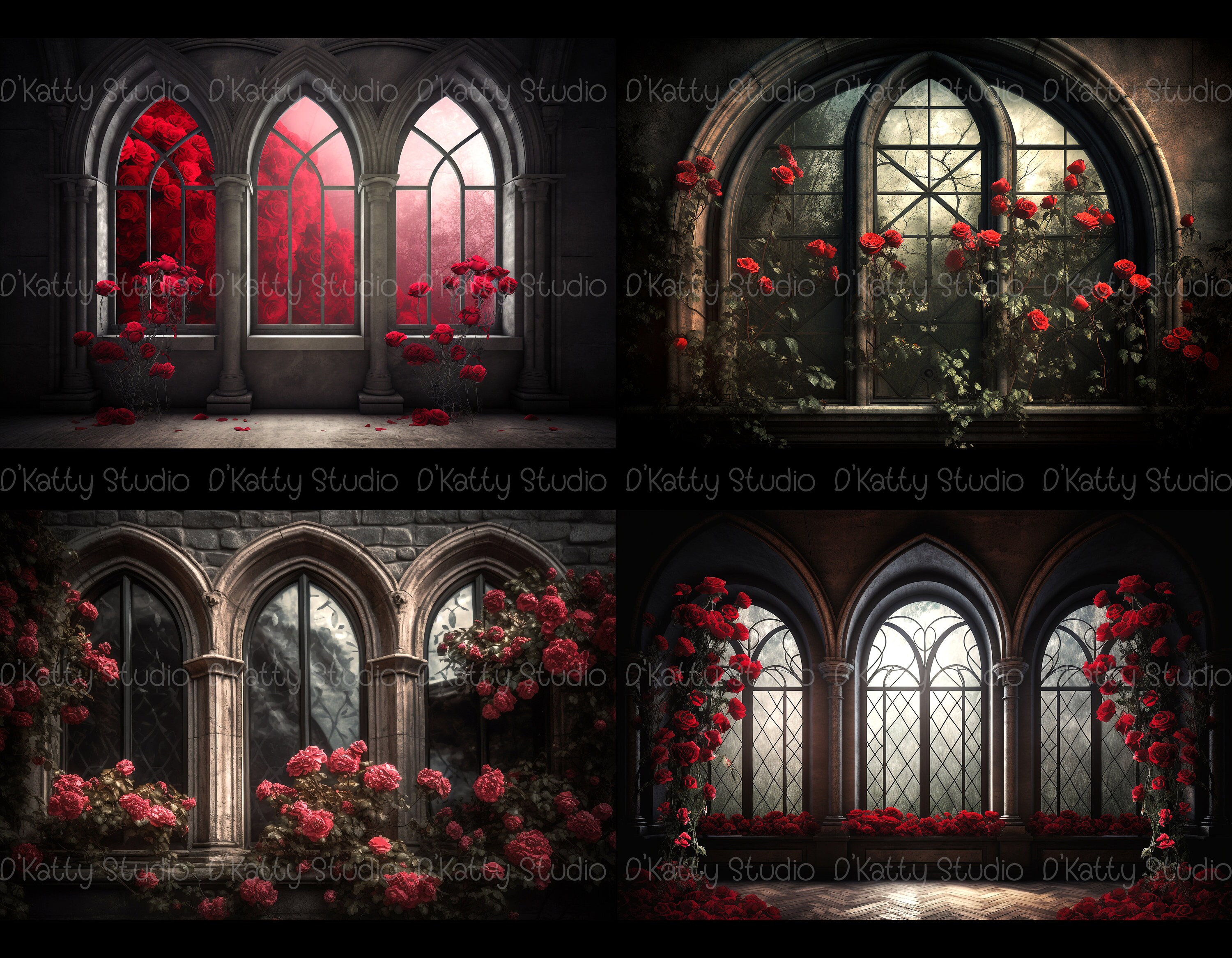 Gothic Rose Window Digital Backdrop Gothic Arches Red Roses Digital ...