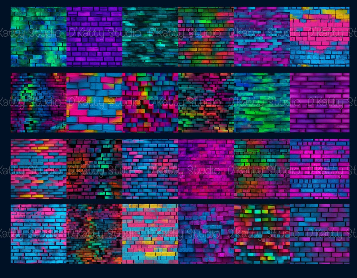 Neon Brick Wallpaper, Neon Bricks Backgrounds, Neon Digital Paper Pack ...