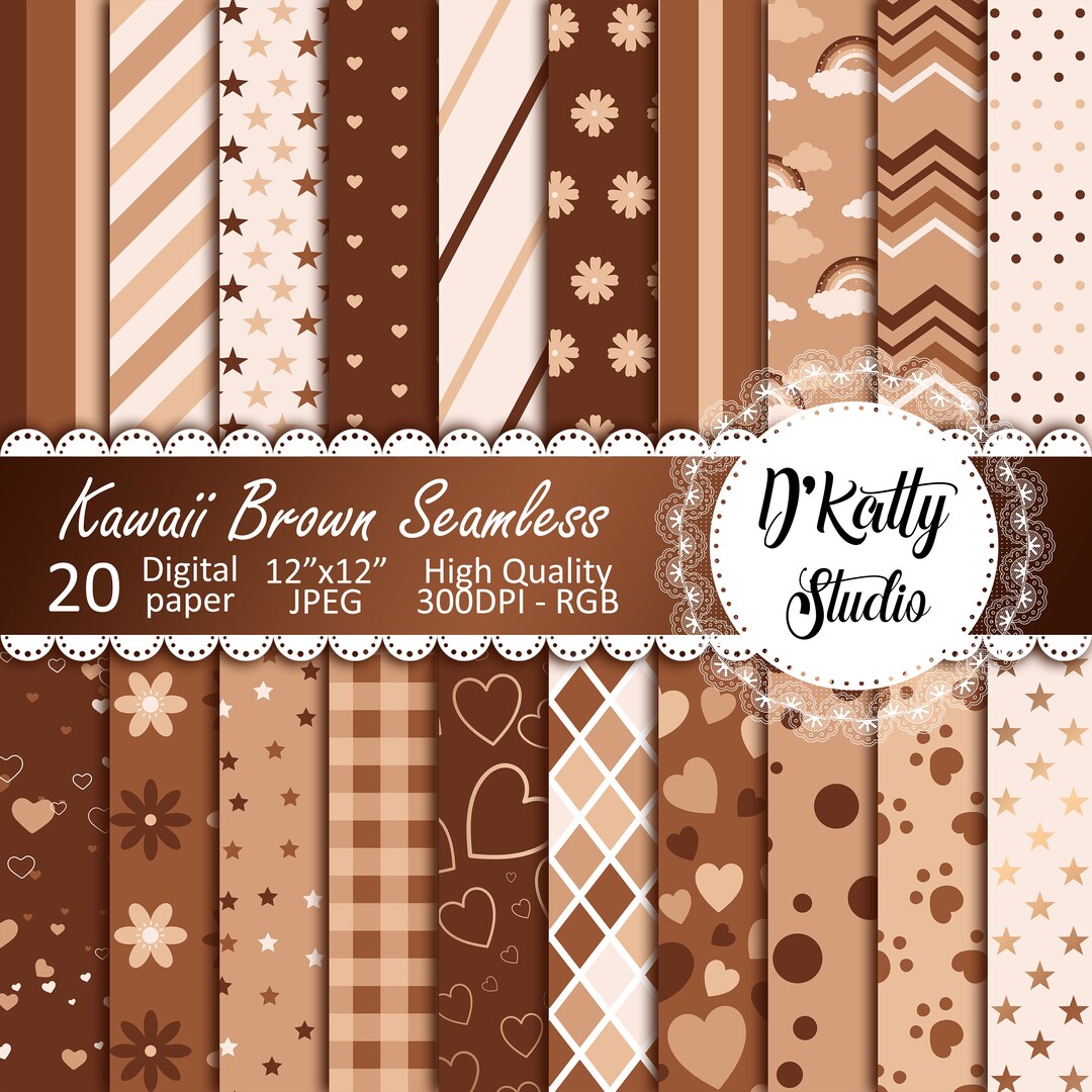 Kawaii Brown Digital Paper, 20 Cute Brown Patterns Scrapbooking Paper ...
