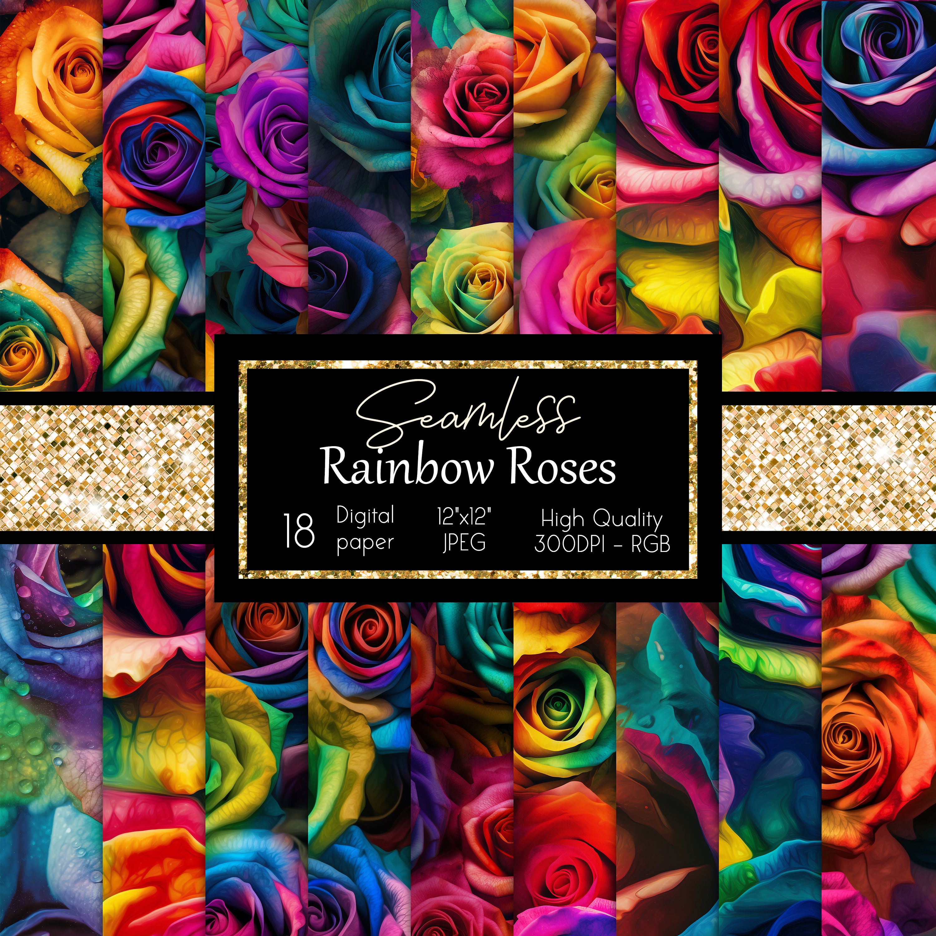 Rainbow Roses Digital Papers Watercolor Rose Seamless - Etsy