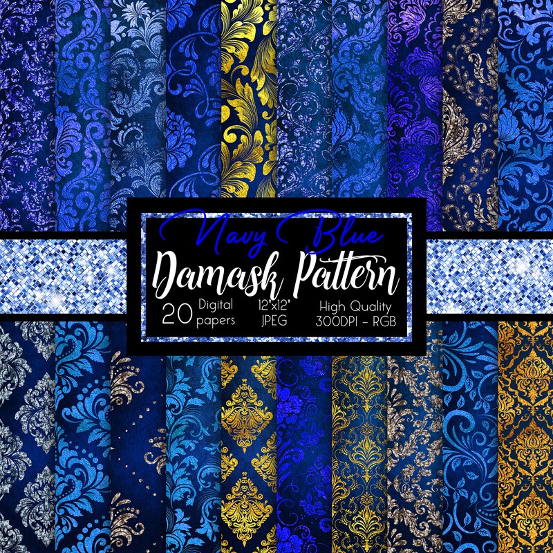 Navy Damask Art - Etsy