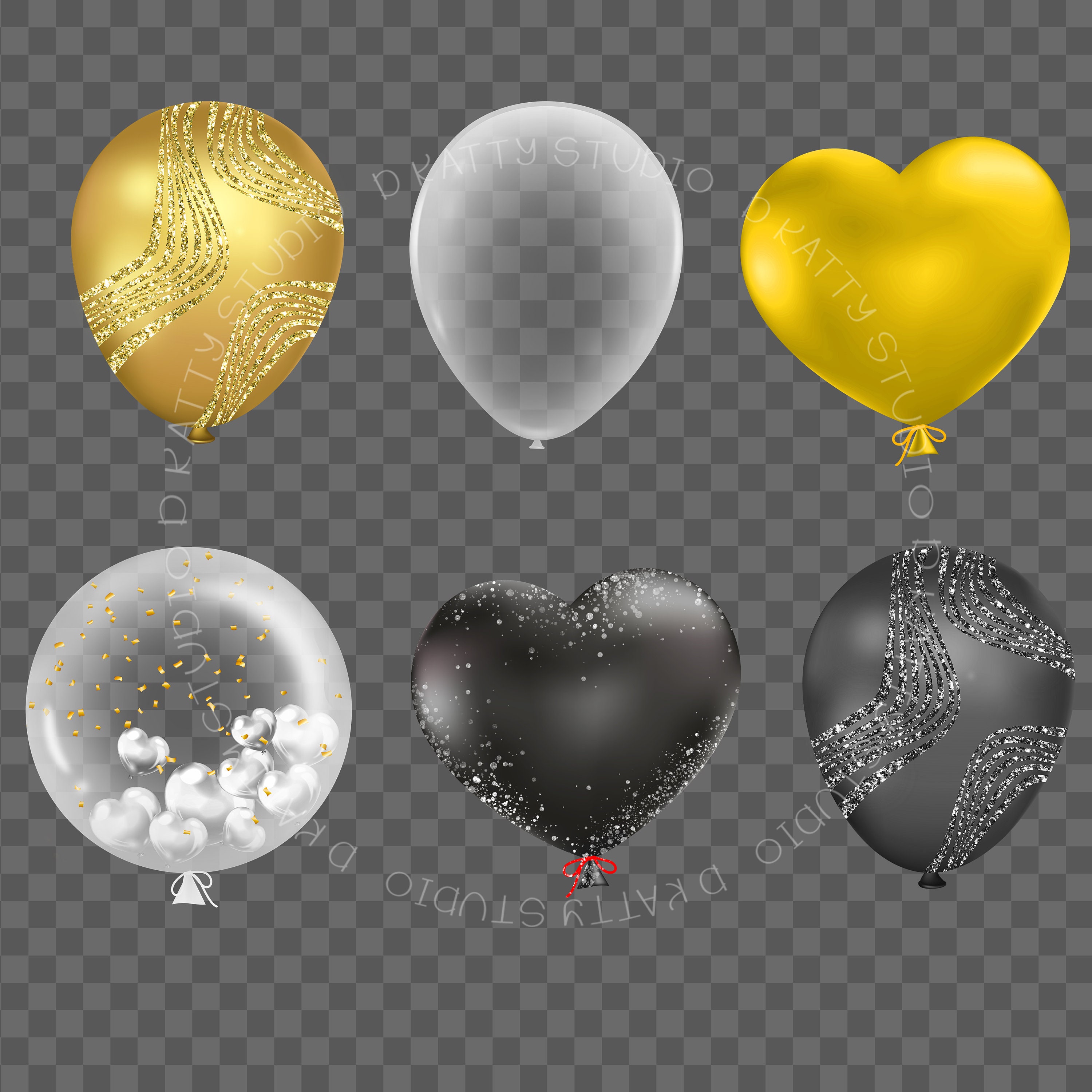 Balloons Clipart, Glitter Black and Gold Balloons Clipart for Party ...