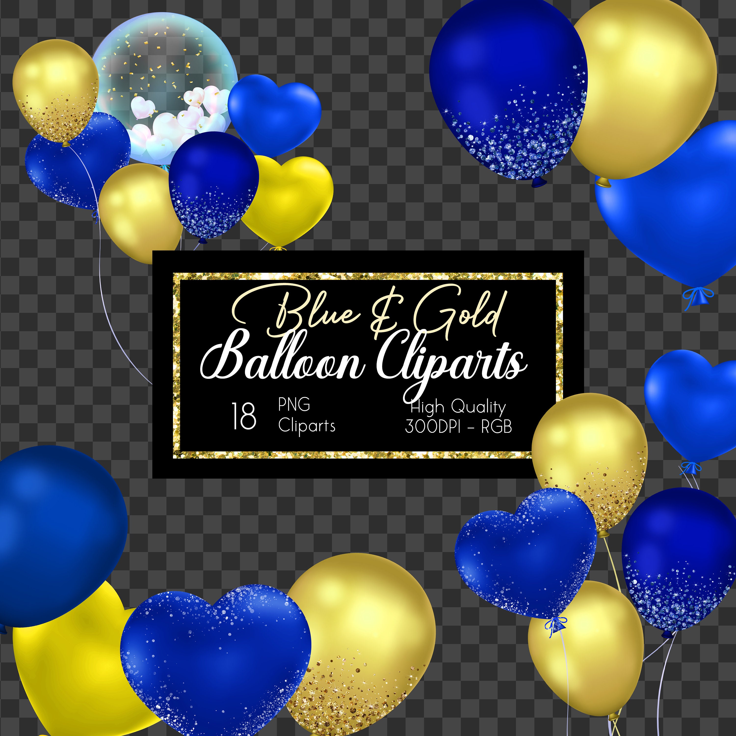 Balloons Clipart, Glitter Blue and Gold Balloons Clipart for Party ...