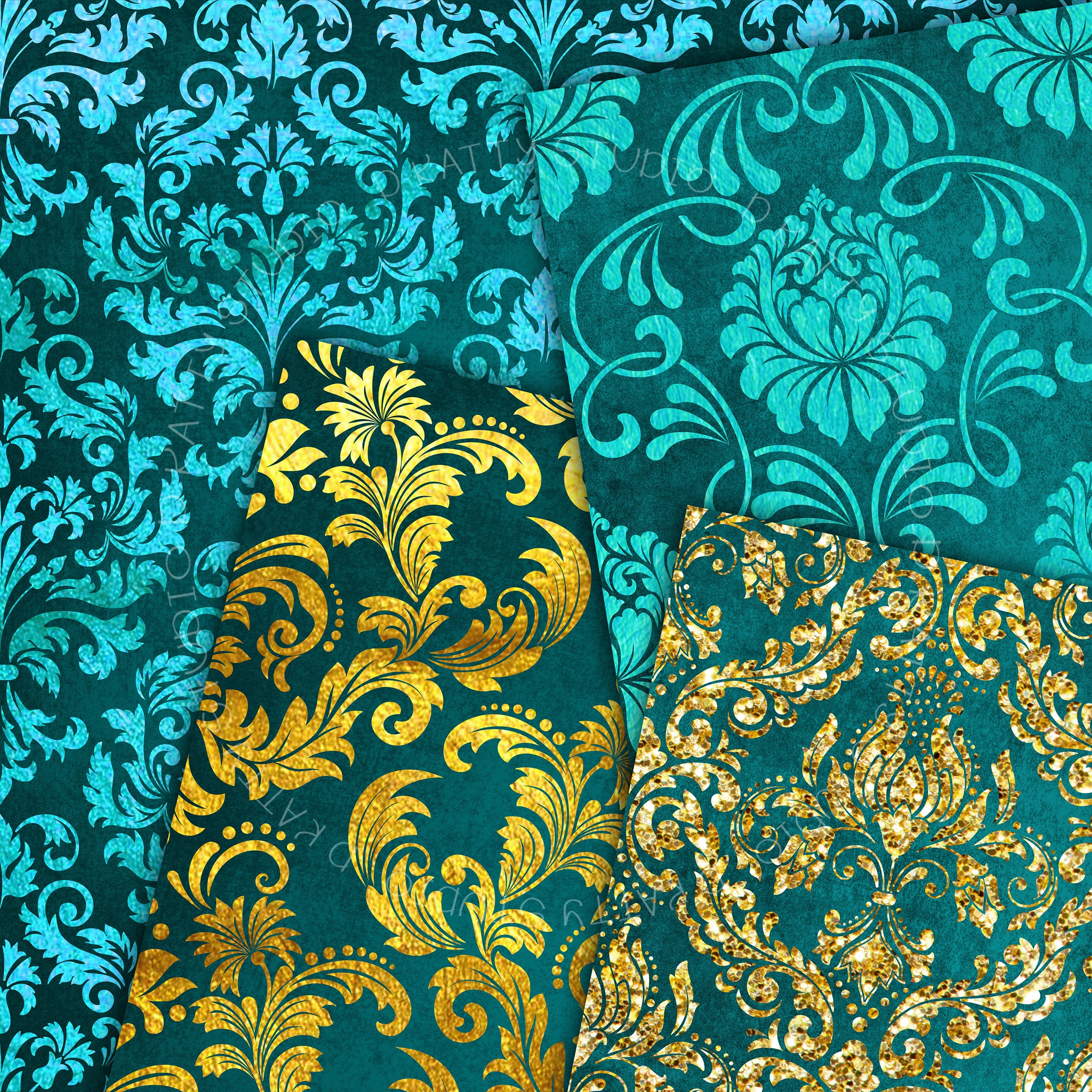 Teal Turquoise Damask Digital Paper Seamless Damask Glitter - Etsy