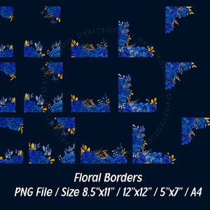 Royal Blue Floral Overlays for Invitations, Digital Floral Clipart PNG ...