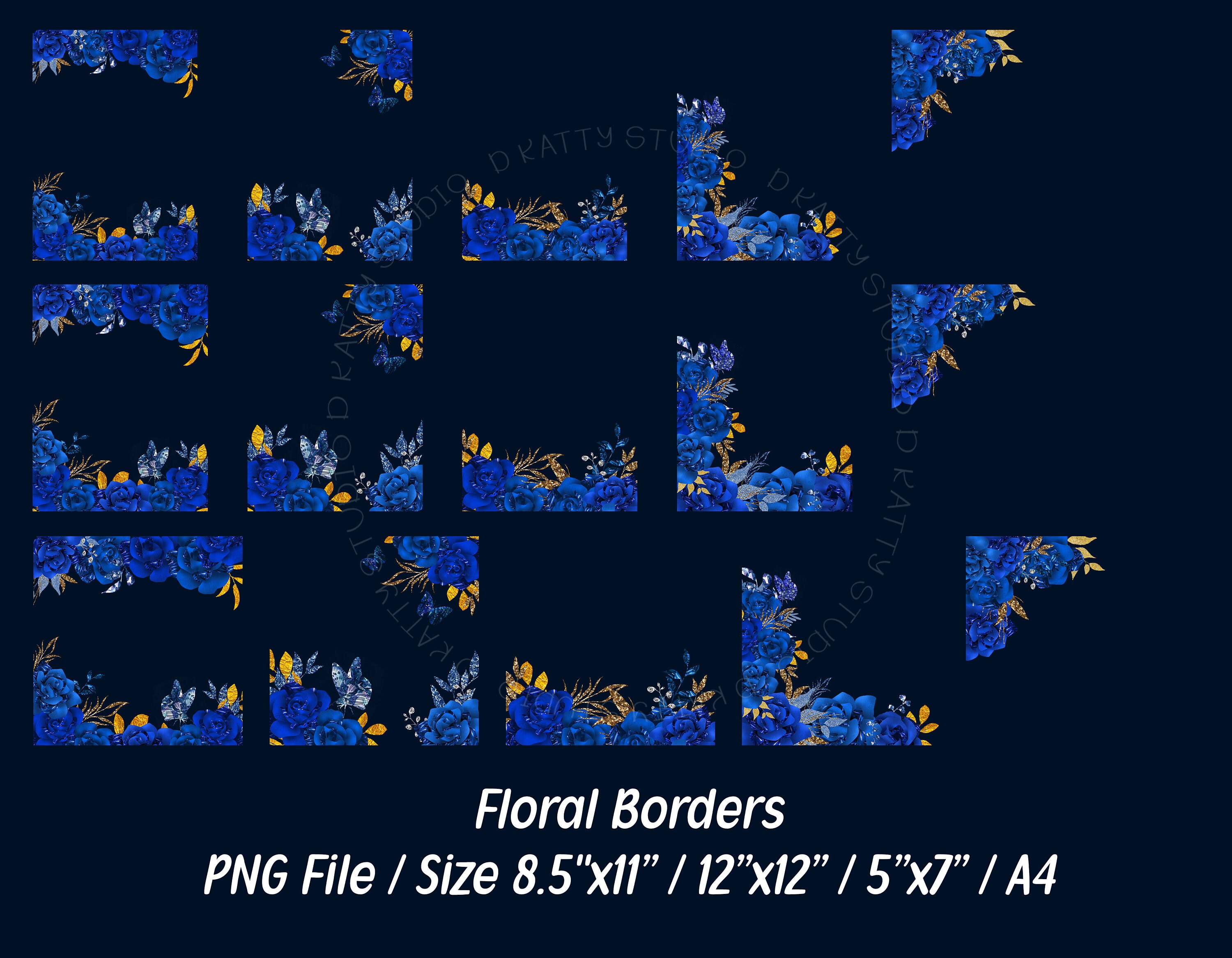 Royal Blue Floral Overlays for Invitations, Digital Floral Clipart PNG ...