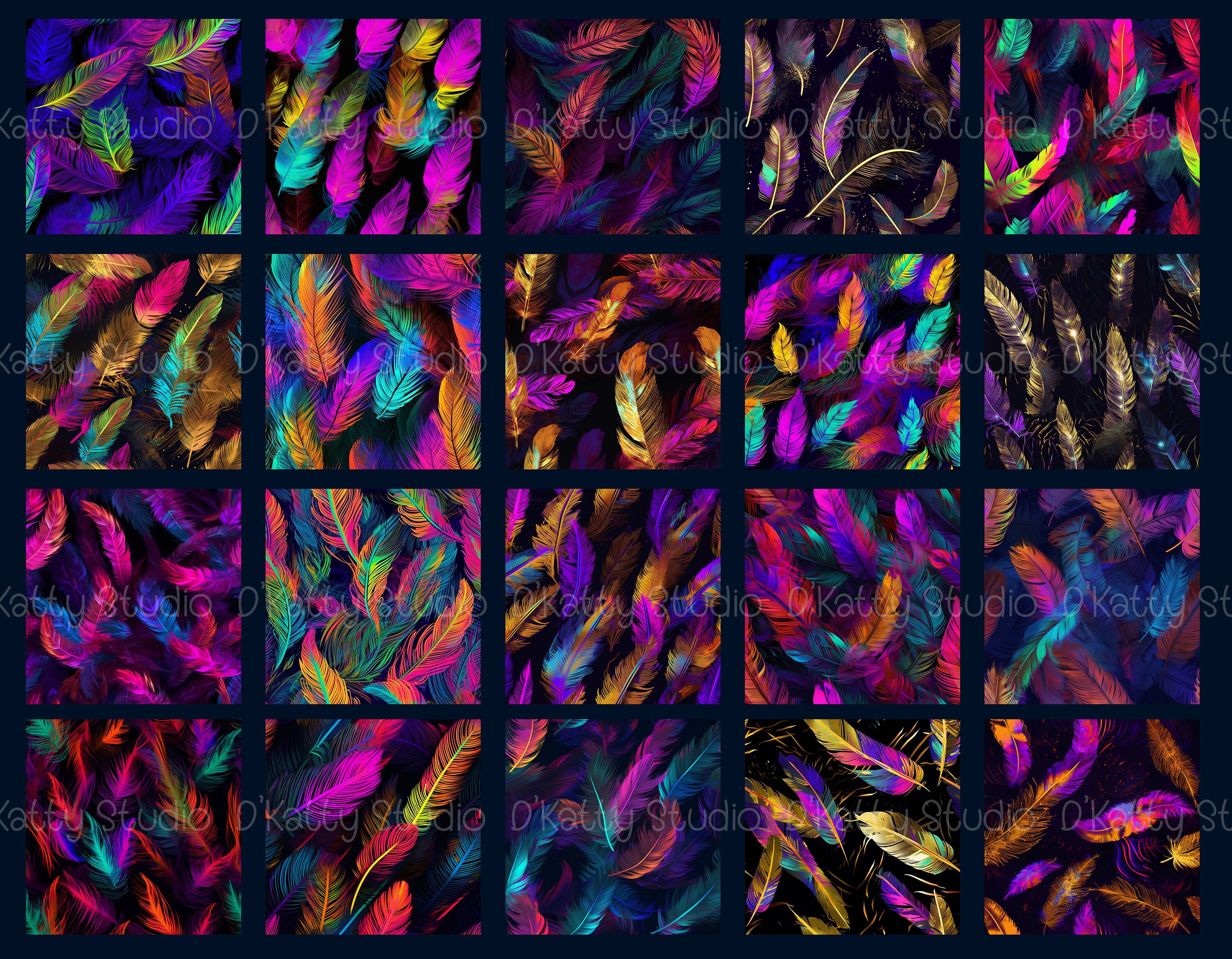 Neon Feathers Digital Papers, Neon Scrapbooking Paper, Fluorescent ...
