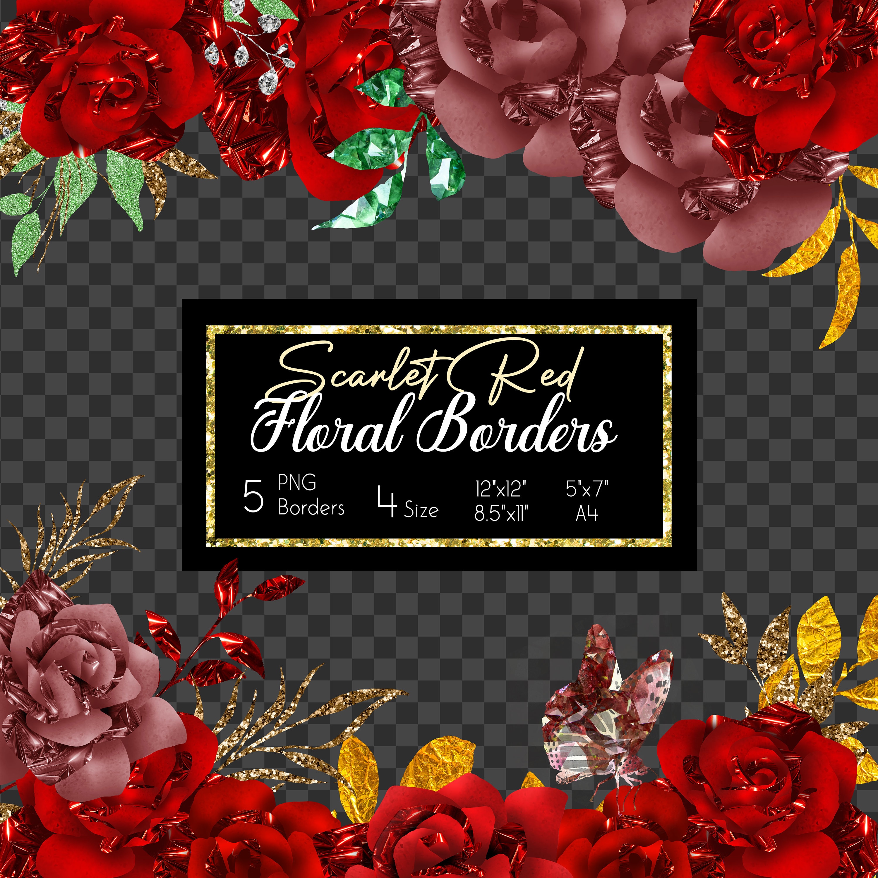 Scarlet Red Floral Overlays for Invitations, Digital Floral Clipart PNG ...
