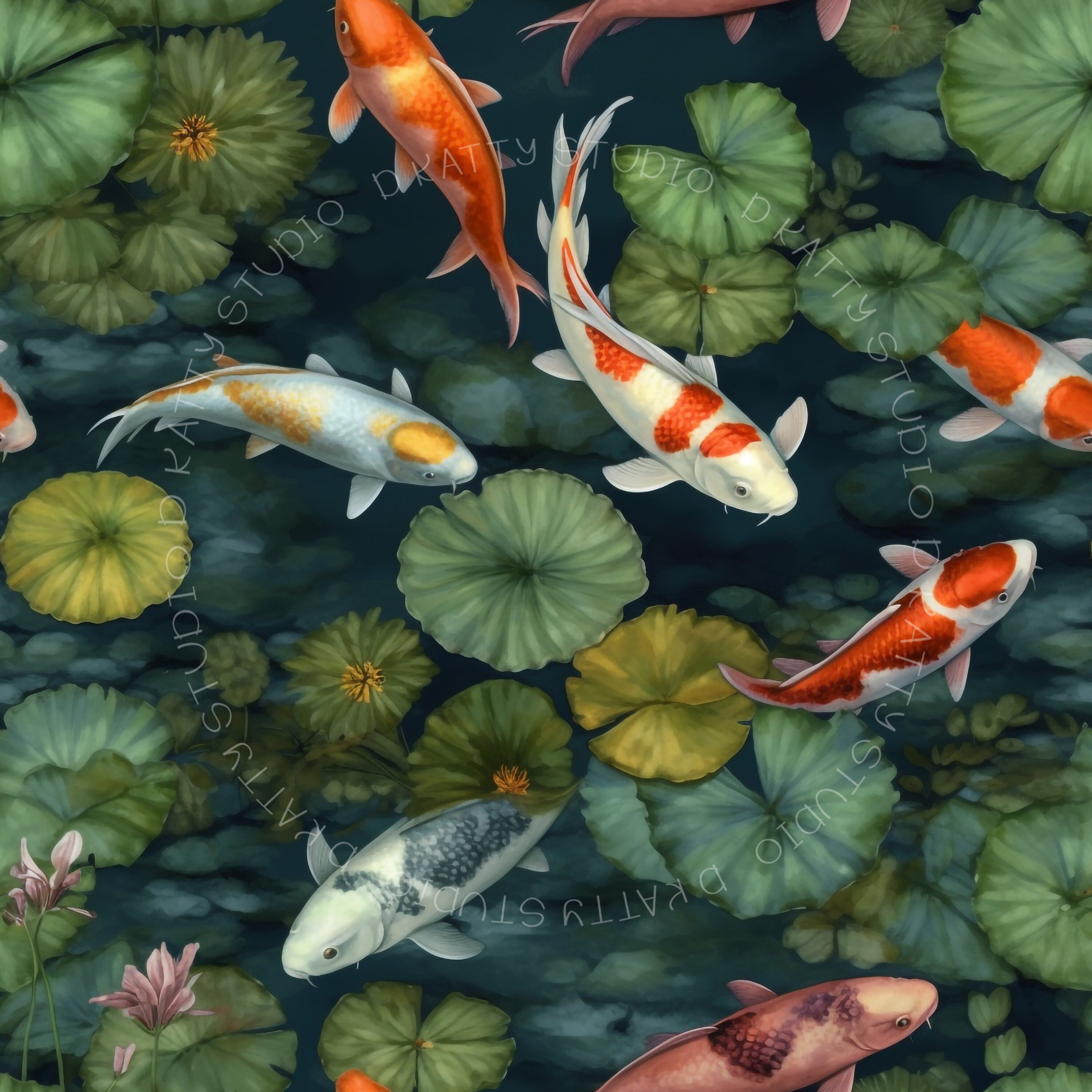 Koi Fish Digital Paper Fine Art Koi Fish Seamless Pattern Japanese Red ...