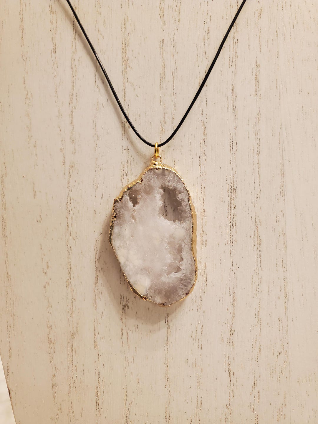 White Quartz Geode Necklace, Gold Electroplated Stone, Leather, Geode ...