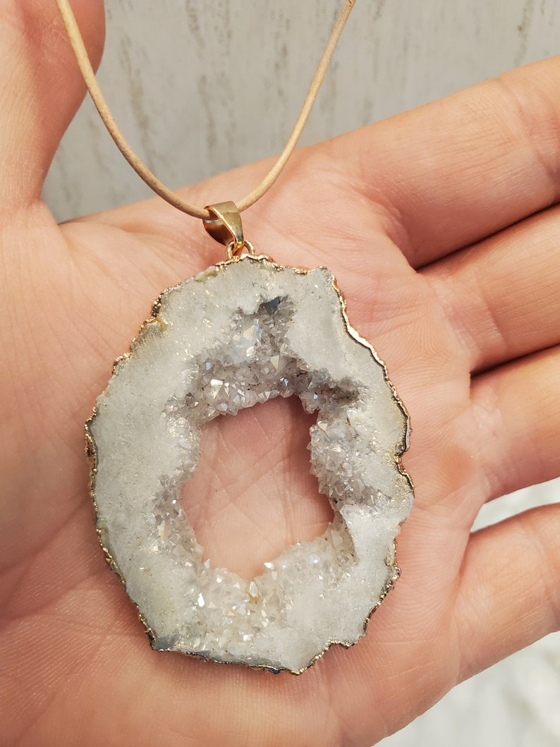 White Aura Geode Quartz Necklace, Gold Electroplated Stone, Leather, Geode Slice - Etsy