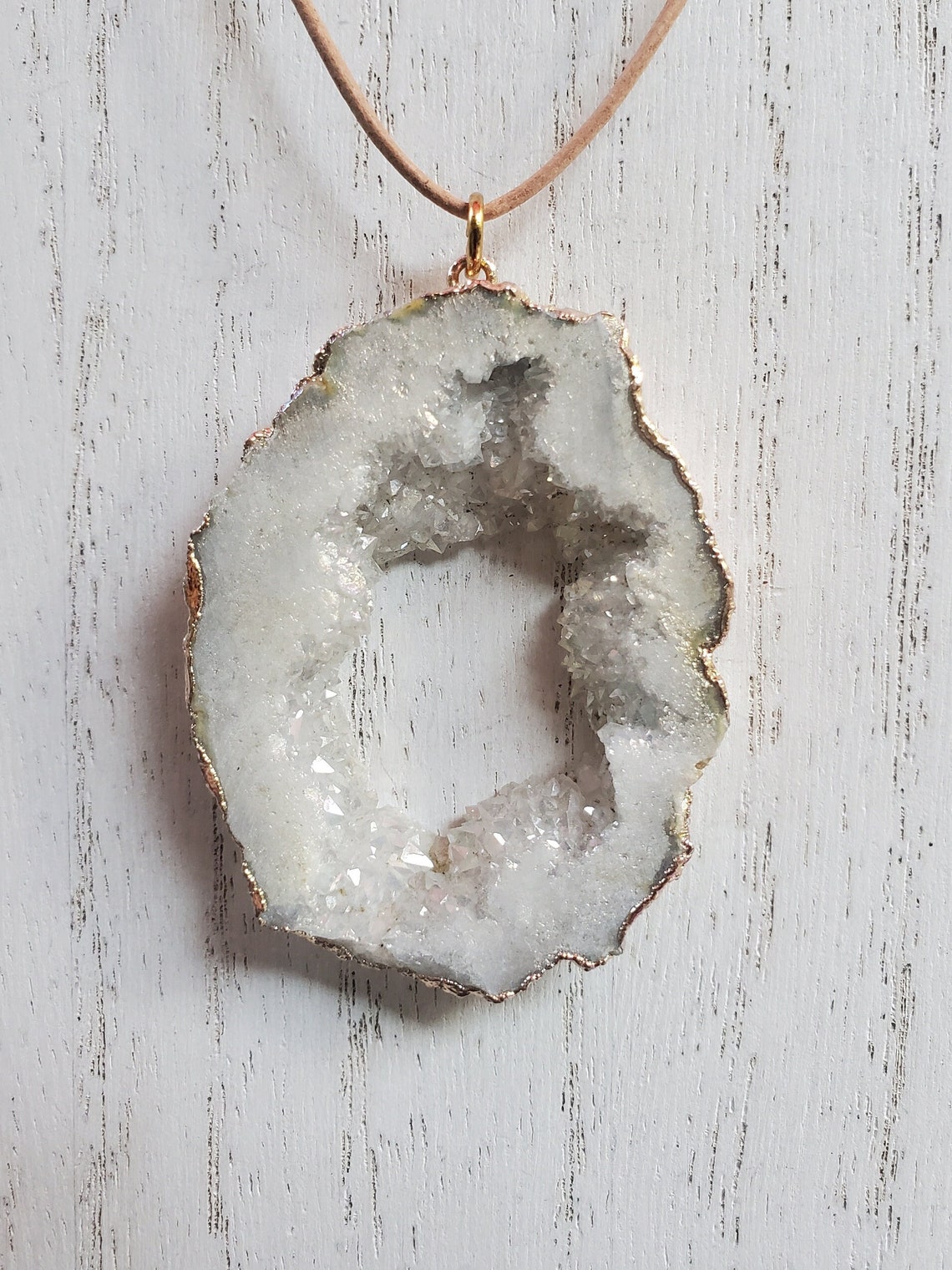 White Aura Geode Quartz Necklace, Gold Electroplated Stone, Leather ...
