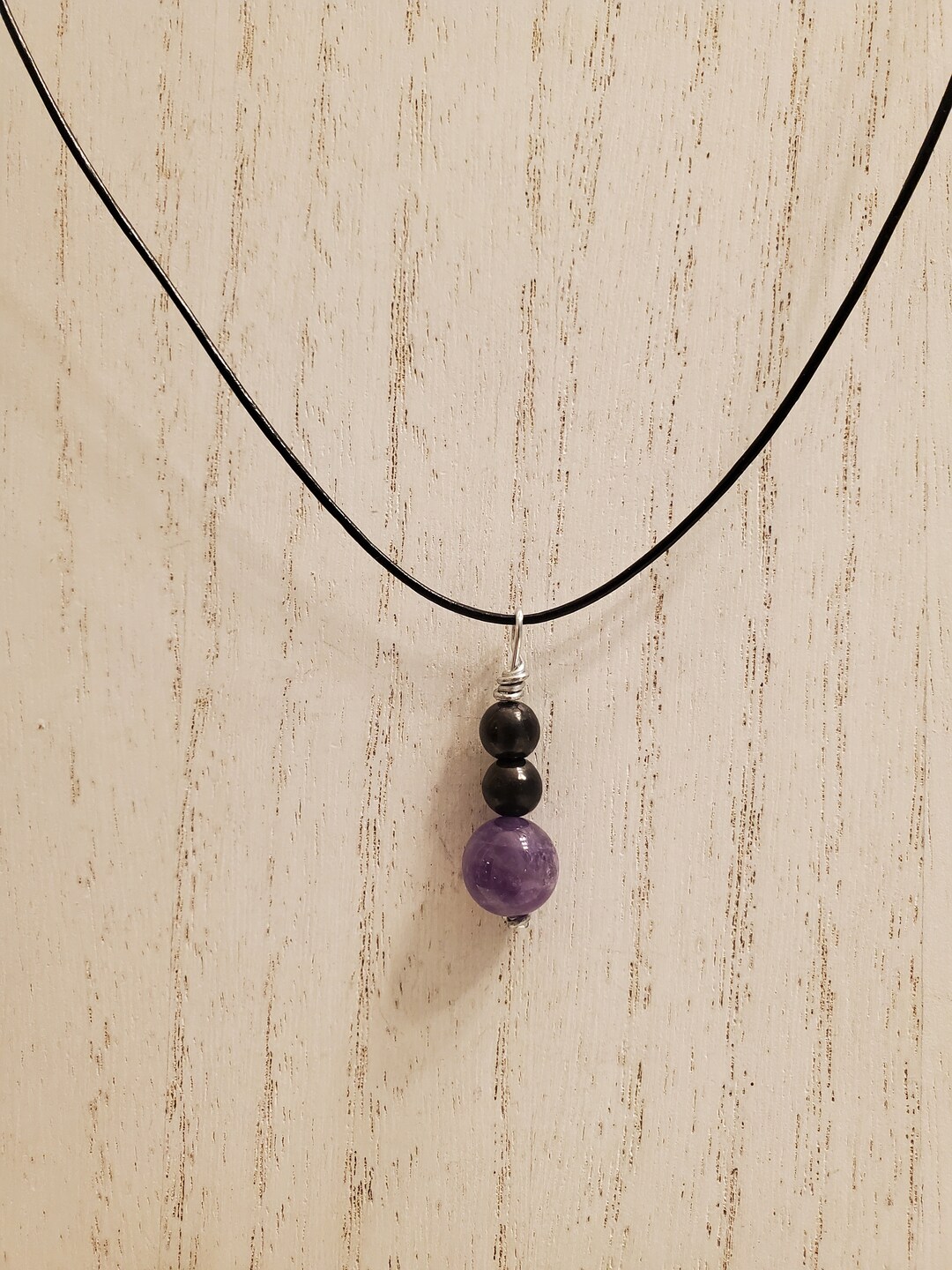 Shungite and Amethyst Necklace, Polished Spheres, Genuine Leather ...