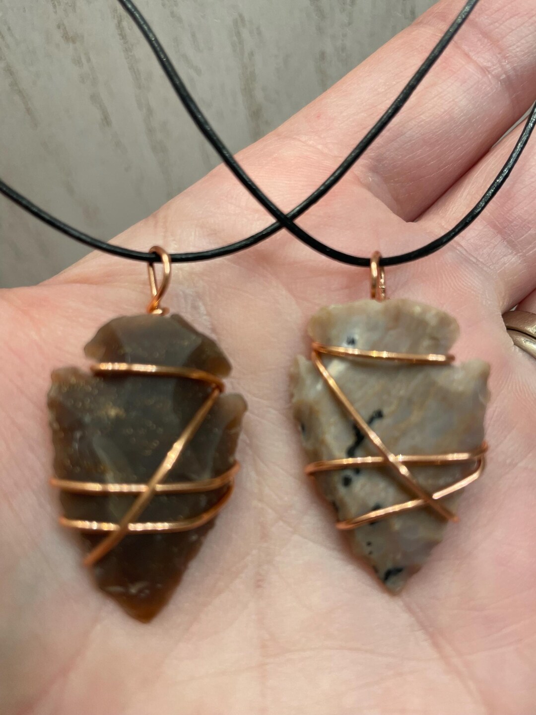 Pair of Mini Arrowhead (jasper) Leather Necklaces, Wrapped in Solid ...