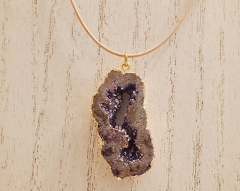 White Aura Geode Quartz Necklace, Gold Electroplated Stone, Leather ...