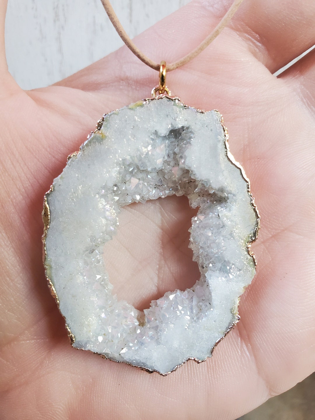 White Aura Geode Quartz Necklace, Gold Electroplated Stone, Leather ...