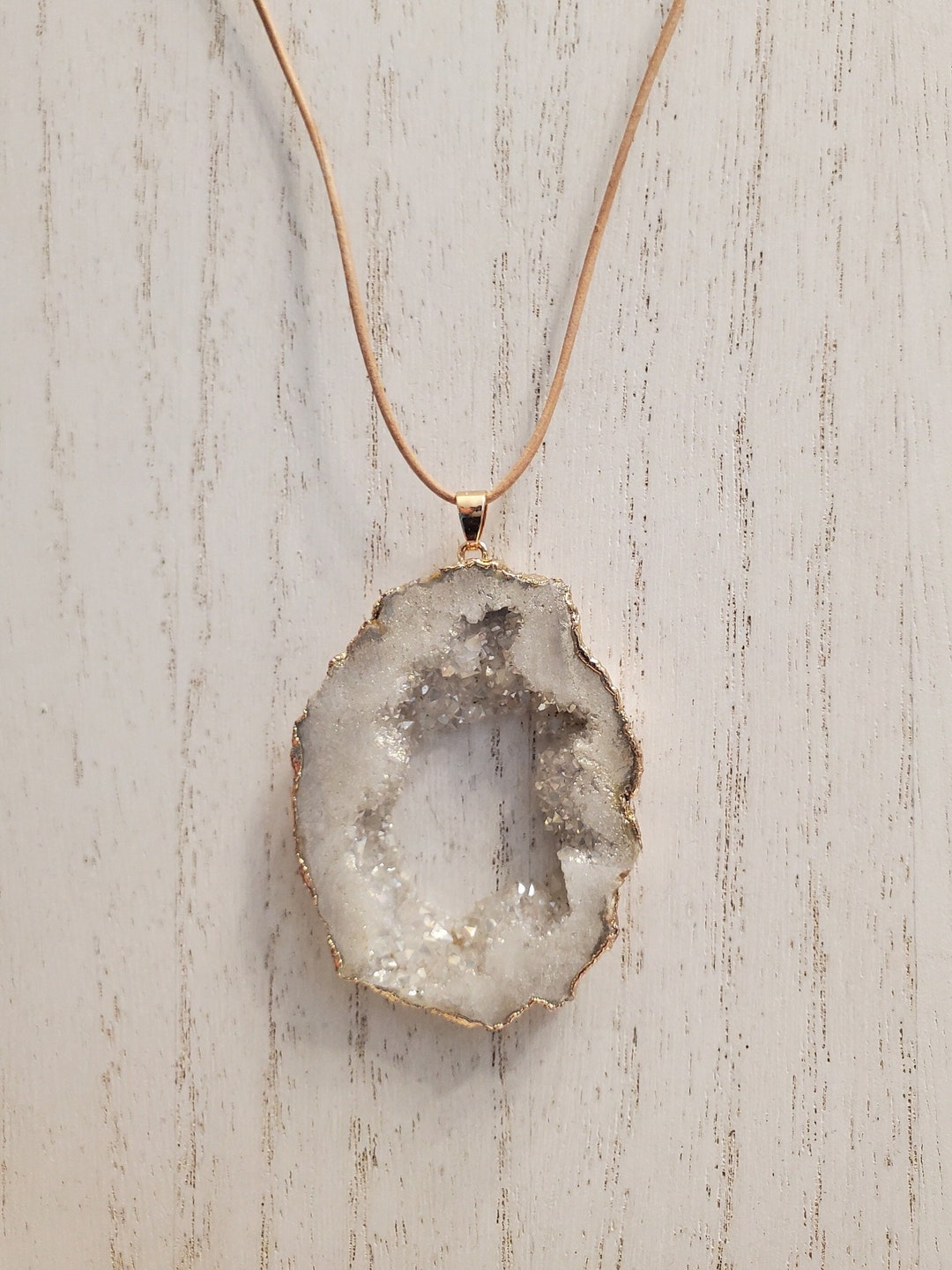 White Aura Geode Quartz Necklace, Gold Electroplated Stone, Leather ...