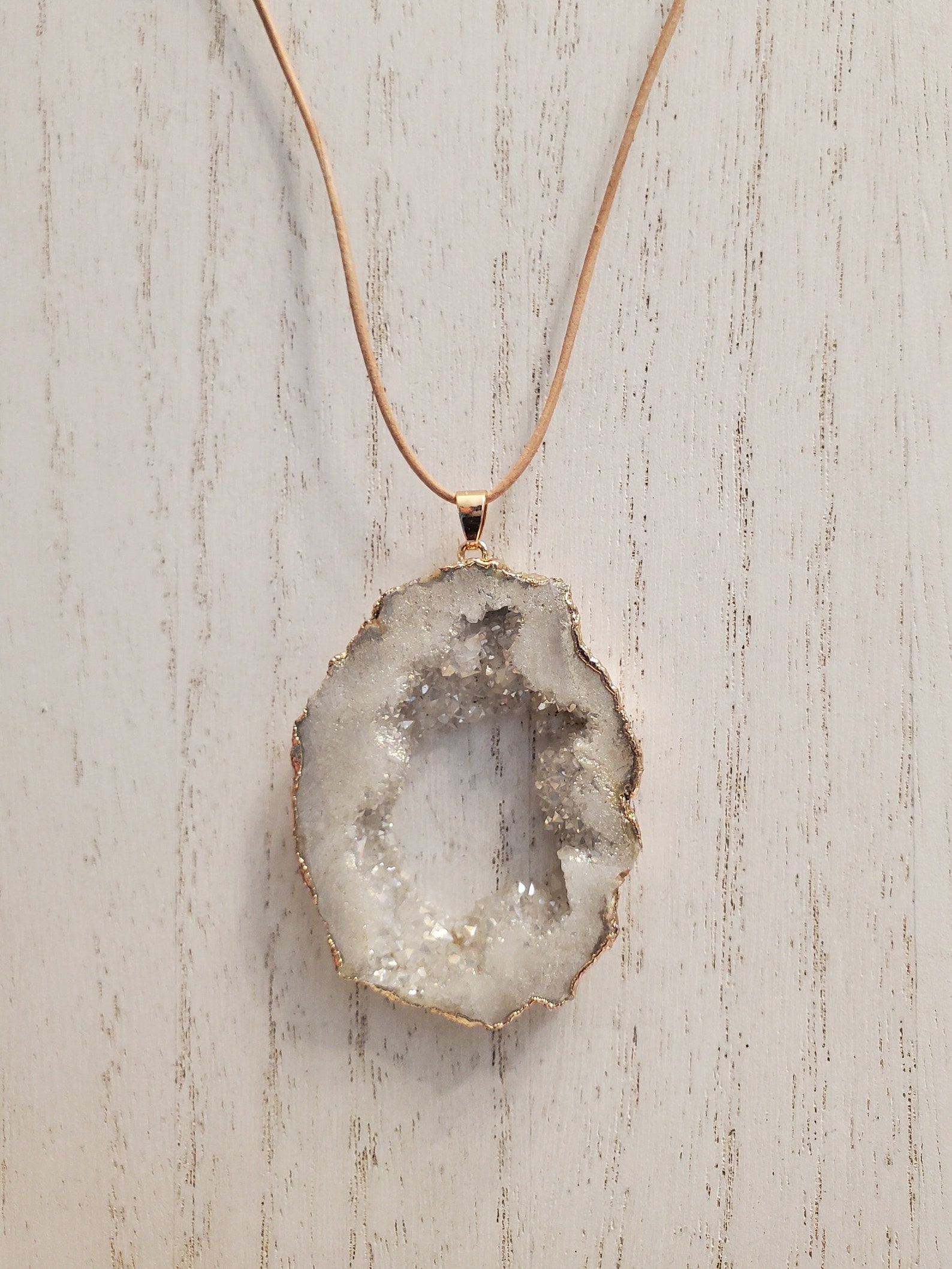 White Aura Geode Quartz Necklace, Gold Electroplated Stone, Leather, Geode Slice - Etsy