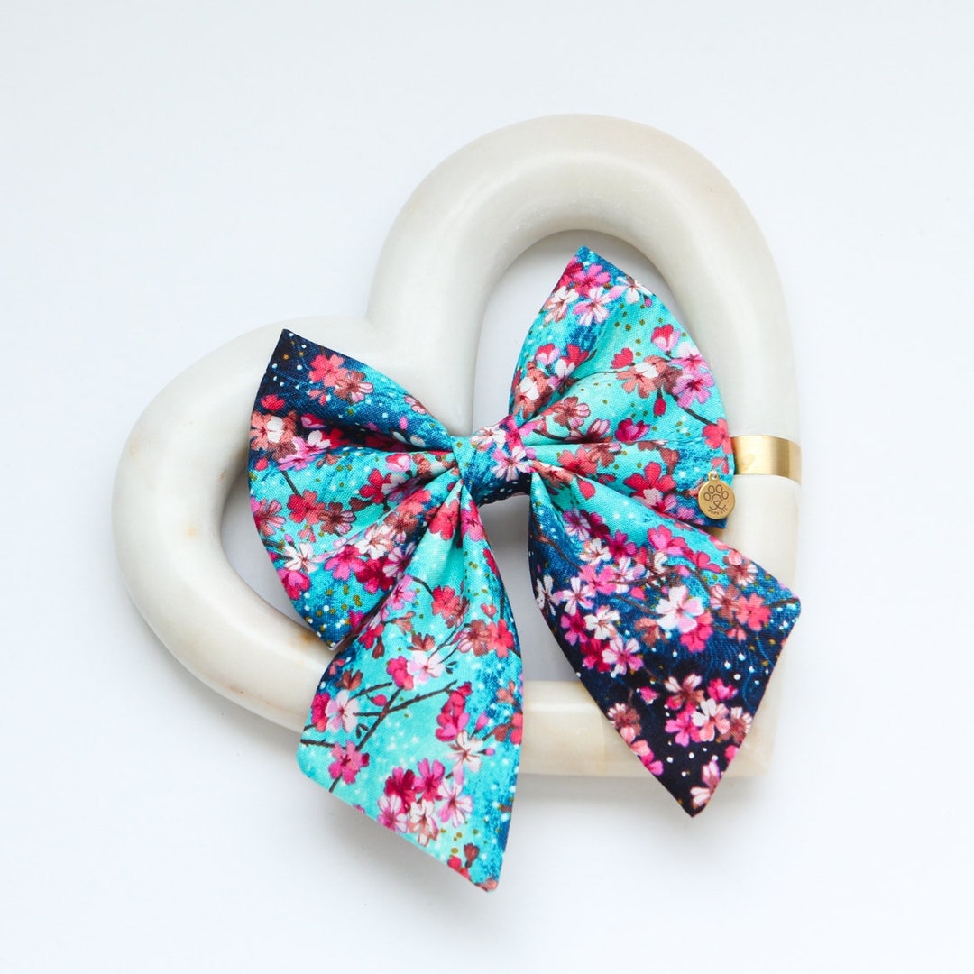 Midnight Sakura Dog Bow Tie | Sakura Blue Bow Tie, Spring Bowtie Dog ...