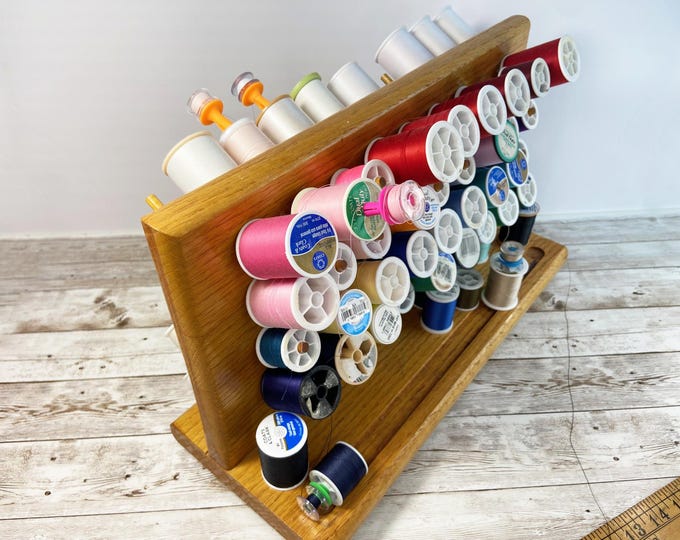 Vintage Oak Thread Spool Holder | Free Standing | Double Sided | Holds ...