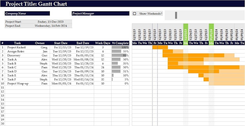 Excel Gantt Chart | Dynamic Scroll Bar and Formatting | Weekends and ...