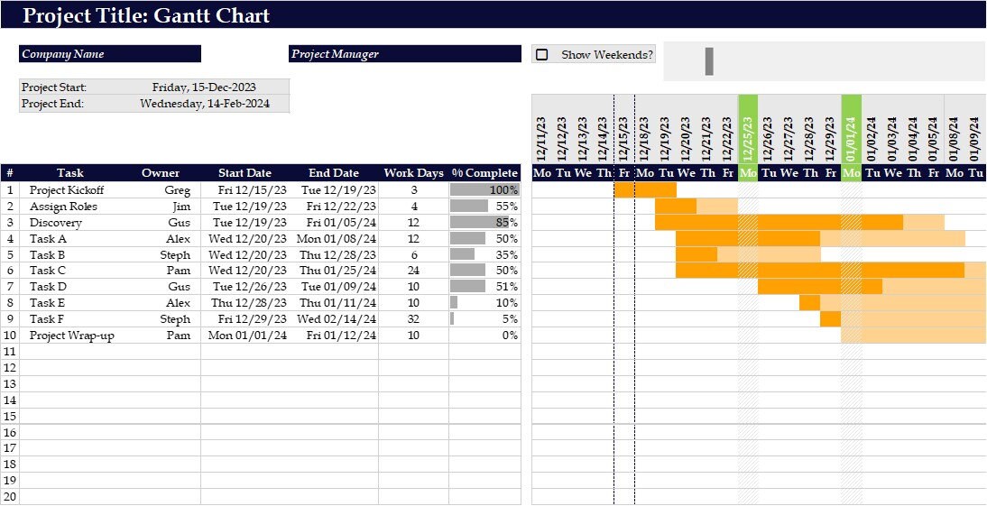 Excel Gantt Chart | Dynamic Scroll Bar and Formatting | Weekends and Holidays Checkbox - Etsy