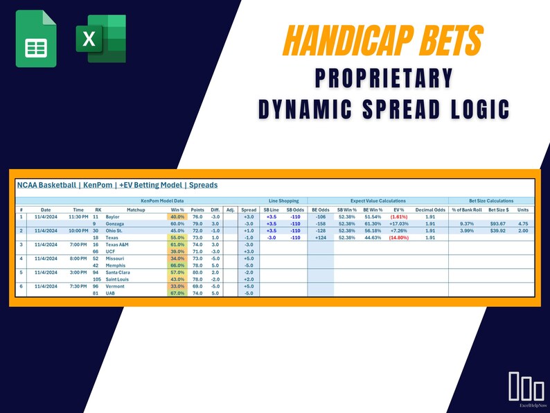 College Basketball Pomeroy | Betting Model | Excel + Google Sheets ...