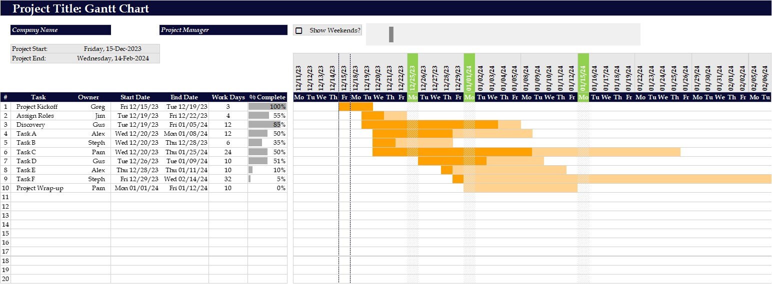 Excel Gantt Chart Dynamic Scroll Bar And Formatting Weekends And Holidays Checkbox Etsy