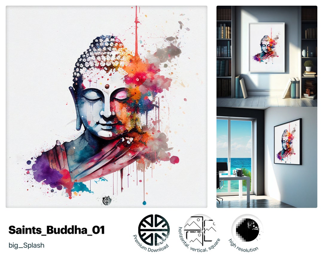 Splashy Enlightenment: Buddha Head Vibrant and Spiritual Digital Art ...