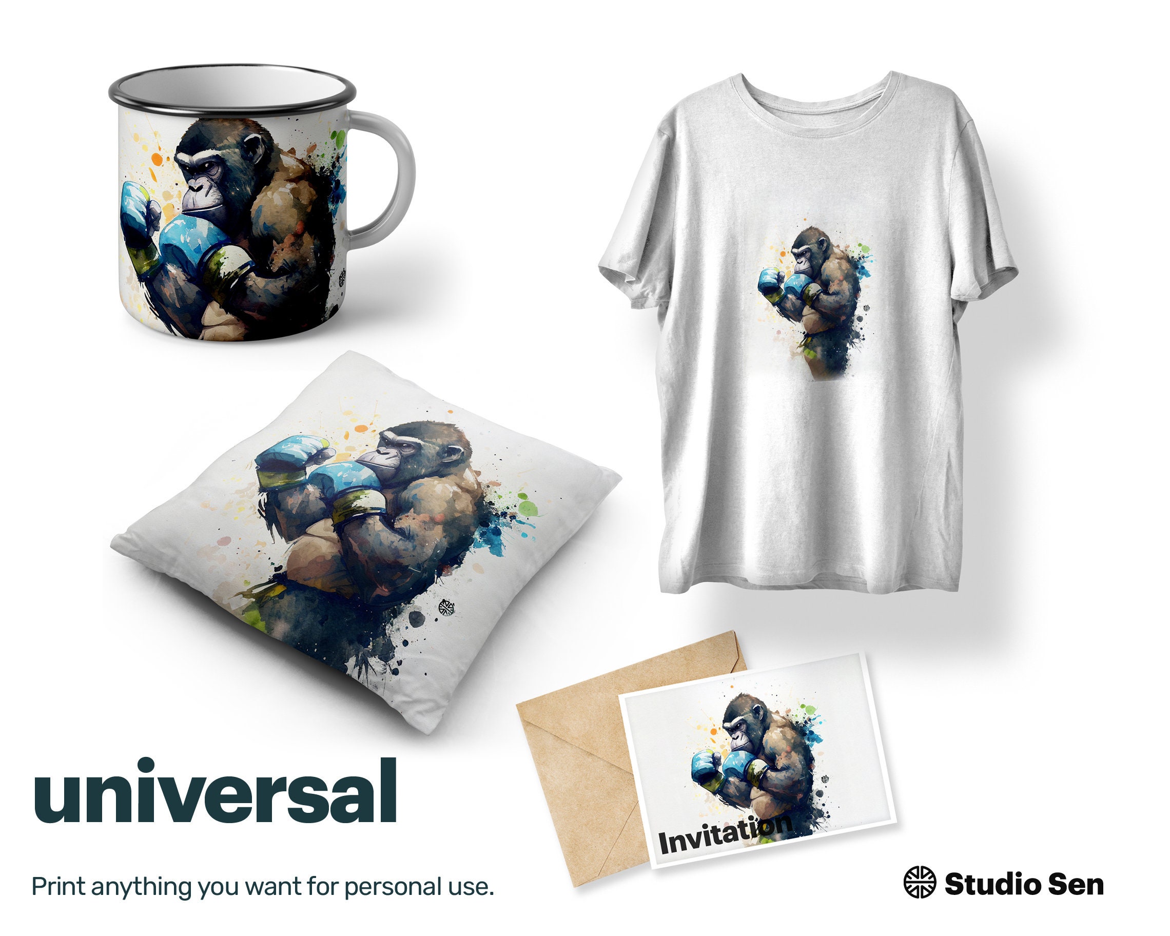 Pugilist Ape Watercolor Digital Download Boxing Gorilla Art Sports and ...