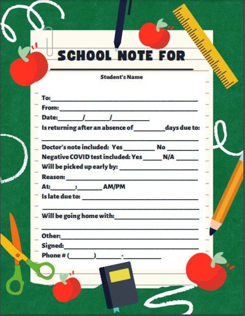 Child's School Excuse Note (Instant Download) - Etsy