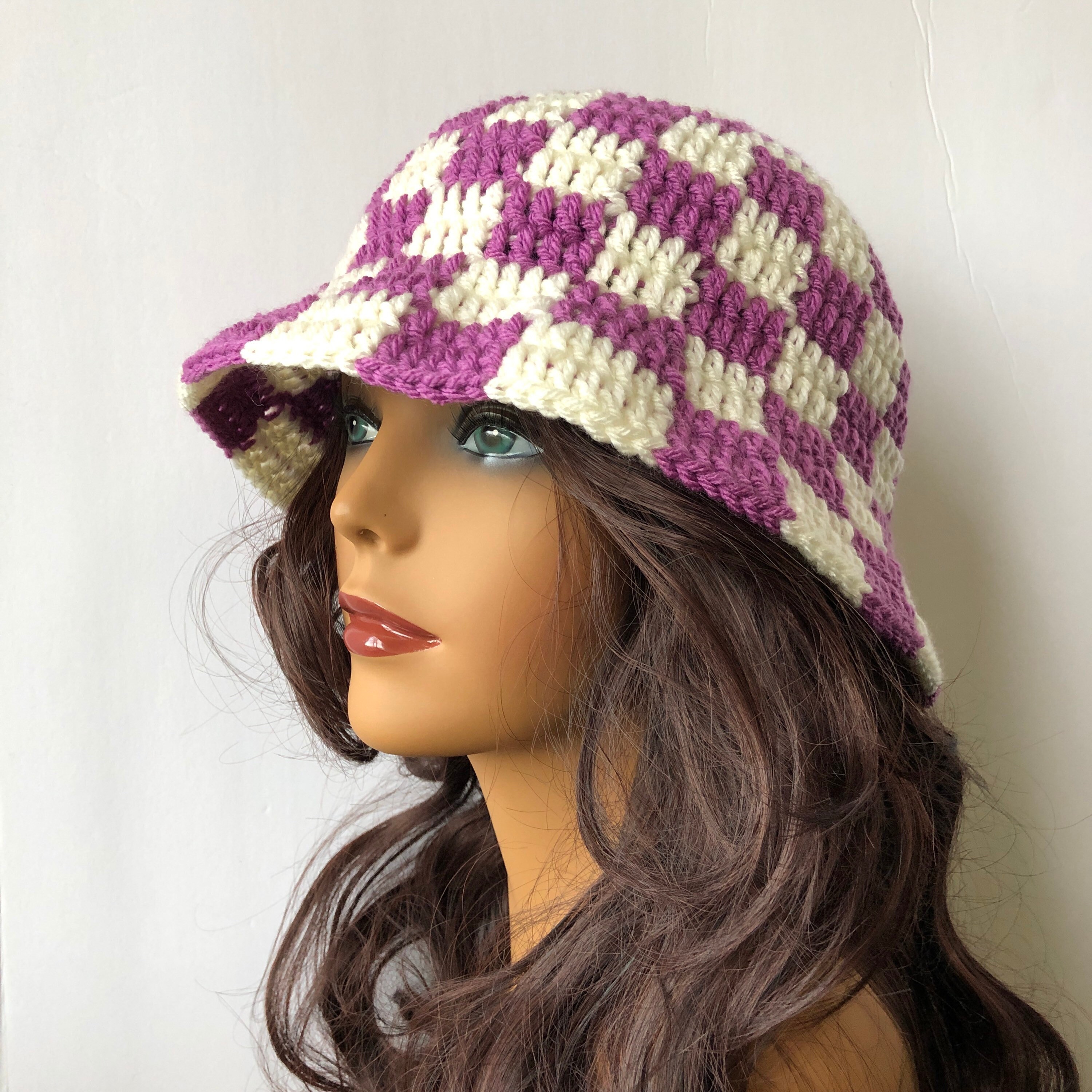 Crochet Checkered Bucket Hat Color Block Hat With Brim Pick - Etsy