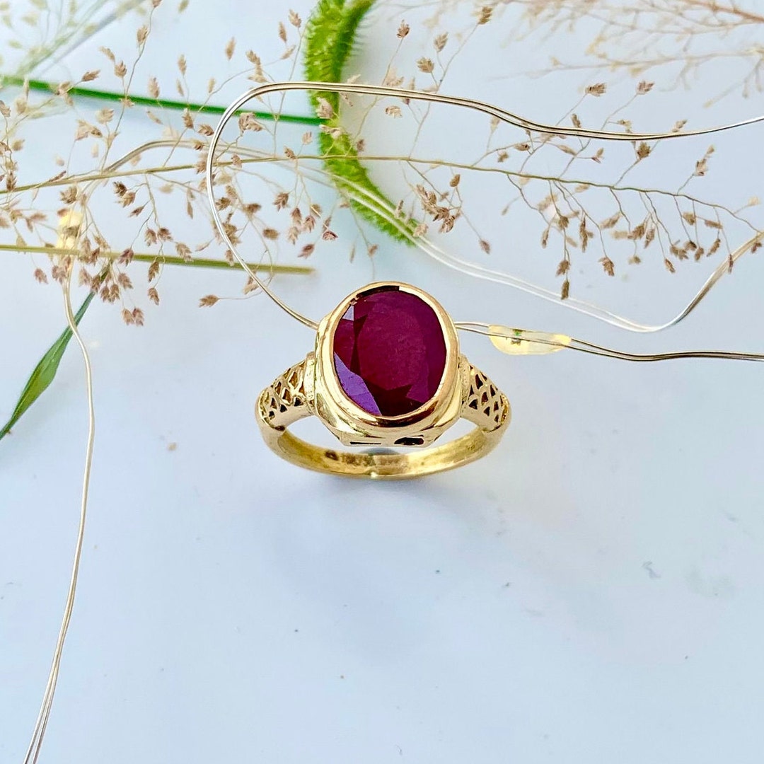 18K Yellow Gold Oval Cut 5.5 Ct Genuine Ruby Bold Statement Ring Dainty ...