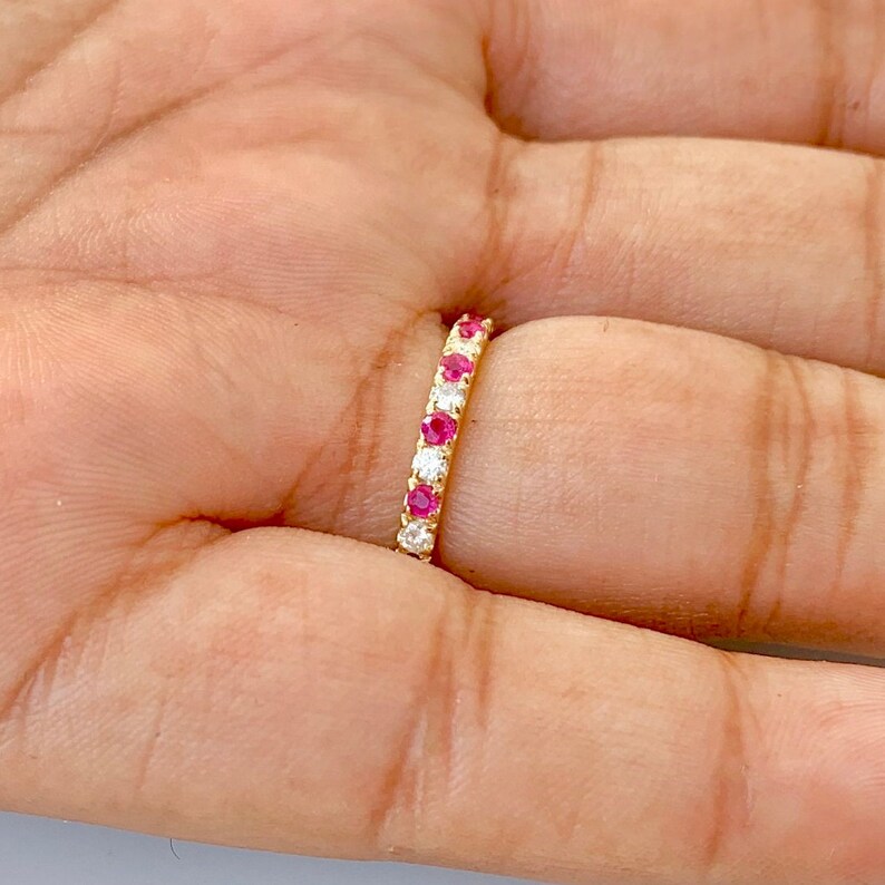 Natural Ruby and Diamond Eternity Wedding Band 14K Yellow Gold Micro Pave Ruby Thin Minimalist ...