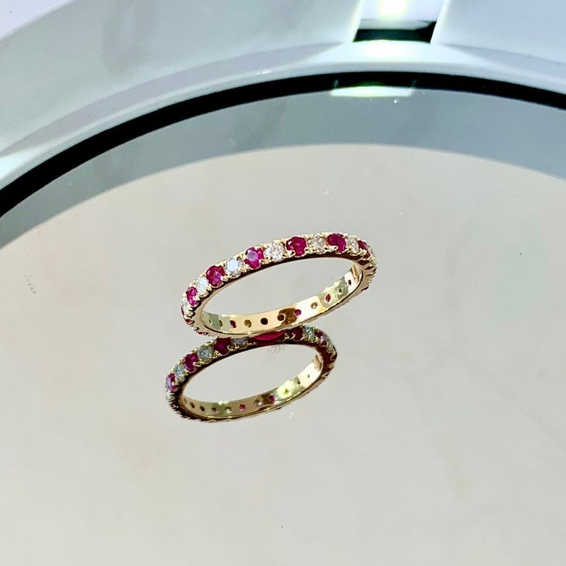 Natural Ruby and Diamond Eternity Wedding Band 14K Yellow Gold Micro Pave Ruby Thin Minimalist ...